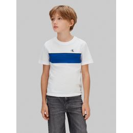 T-Shirt Calvin Klein Jeans, M&auml;dchen, Gr. 10 (140), hellwei&szlig;, Single Jersey, Obermaterial: 100% Baumwolle, colorblocking, unifarben, regular fit normal, Rundhals, eingesetzt abgesteppte Kante, Shirts T-Shirt
