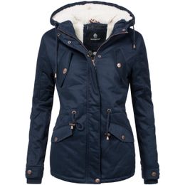 Winterjacke Marikoo "Manolya", Damen, Gr. S (36), blau, Oberstoff: 100% Baumwolle; Futter: 100% Polyester; Wattierung: 100% Polyester; &Auml;rmelfutter: 100% Polyester, figurbetont Po-bedeckend, hoch geschlossener Ausschnitt, &Auml;rmel ohne &Auml;rmelschlitz Rippstrickb&uuml;ndchen mit Druckknopf, Jacken Winterjacke, stylischer Kurzmantel mit weichem Teddyfell-Futter, Topseller