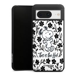 DeinDesign Google Pixel 8 Handy Premium Silikon H&uuml;lle Handyh&uuml;lle schwarz Case Peanuts Flowers Snoopy Silikon Premium Case