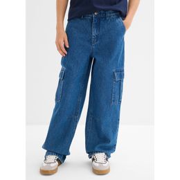 bonprix Loose Fit Cargo-Jeans mit verstellbarem Bund Straight, blau, mit Baumwolle