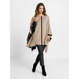 WITT Damen Strickponcho mit Kontrast-Streifen, beige, Gr&ouml;&szlig;e 36-40