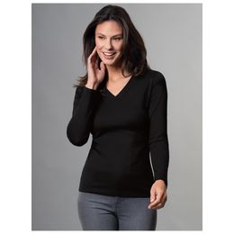 TRIGEMA Damen T-Shirt "TRIGEMA Langarmshirt mit V-Ausschnitt", schwarz, Gr. L, Feinstrick, 95% Baumwolle, 5% Elastan, Shirts