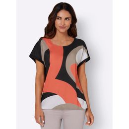 WITT Damen Druckbluse mit elastischem Saum, mandarine-schwarz-bedruckt, Gr&ouml;&szlig;e 36