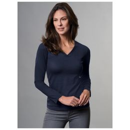 TRIGEMA Damen T-Shirt "TRIGEMA Langarmshirt mit V-Ausschnitt", blau, Gr. L, Feinstrick, 95% Baumwolle, 5% Elastan, Shirts