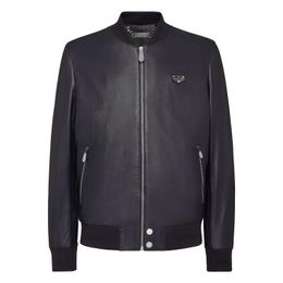 Lederjacke Philipp Plein "Iconic Plein", Herren, Gr. L, 14, dunkelblau, Futter: 100% Polyester. Au&szlig;enmaterial: 100% Lamm Leder. Strick: 98% Polyester, 2% Elasthan, Jacken