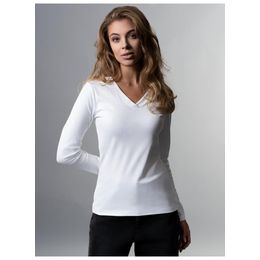 TRIGEMA Damen T-Shirt "TRIGEMA Langarmshirt mit V-Ausschnitt", wei&szlig;, Gr. XL, Feinstrick, 95% Baumwolle, 5% Elastan, Shirts
