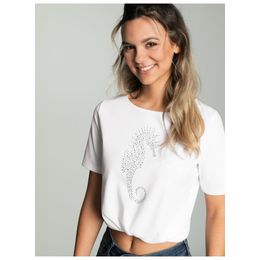 TRIGEMA Damen T-Shirt "TRIGEMA T-Shirt mit Seepferdchen-Print aus Strasssteinchen", wei&szlig;, Basic, Gr. XL, Single Jersey, 100% Baumwolle, Shirts