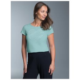 TRIGEMA Damen T-Shirt "TRIGEMA Slim Fit T-Shirt mit glitzerndem Herz-Printmotiv", blau, Basic, Gr. S, 100% Baumwolle, Shirts