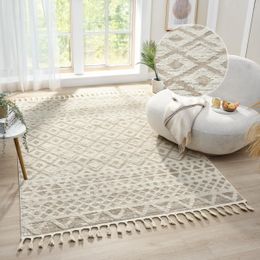 Teppich my home, B:240cm H:11mm L:320cm, beige, Kunstfaser, Wohnzimmer, Teppiche, "Ribeyret", mit Fransen, Hoch-Tief-Struktur, Woll-Look, Boho-Style,