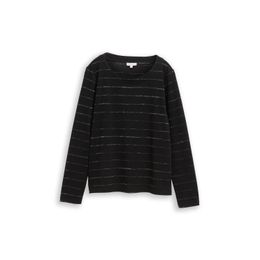 Tom Tailor Damen Langarmshirt mit Glitzer-Streifenmuster, schwarz, Gestreift, Gr. XXL