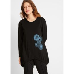 Longshirt bonprix, Damen, Gr. 44/46 (L), schwarz (schwarz, matt blau graphisch bedruckt), Obermaterial: 100% Baumwolle, Ballonform, Shirts Longshirt