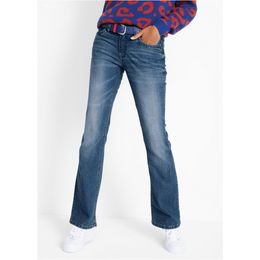 Bootcut-Jeans bonprix "Bootcut-Jeans Mid Waist, Komfort-Stretch", Damen, Gr. 44, K-Gr, blau (blau used), Denim/Jeans, Obermaterial: 82% Baumwolle, 17% Polyester, 1% Elasthan, unifarben, regular fit lang, Jeans, Mid Waist, Komfort-Stretch