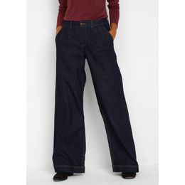 Weite Jeans bonprix "Wide-Leg-Jeans High Waist, Bequembund", Damen, Gr. 46, N-Gr, blau (dunkelblau denim), Obermaterial: 82% Baumwolle, 17% Polyester, 1% Elasthan, loose fit, Jeans, Wide-Leg-Jeans High Waist, Bequembund