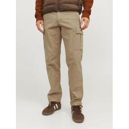 Jack & Jones Cargohose JACK & JONES "JPSTKANE BARKLEY CARGO PANT NOOS", Herren, Gr. 28, Länge 32, braun (e. wood), Web, Obermaterial: 100% Baumwolle, unifarben, relaxed fit knöchellang, Hosen Cargohose