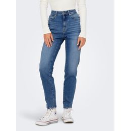 Straight-Jeans Only "ONLEMILY STRETCH HW ST AK DNM CRO571NOOS", Damen, Gr. 25, Länge 32, blau (medium blau denim), Denim/Jeans, Obermaterial: 98% Baumwolle, 2% Elasthan, skinny fit, Jeans Straight-Jeans
