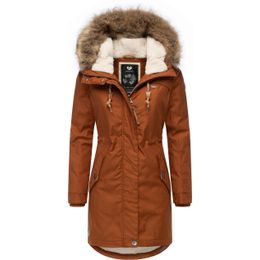 Winterjacke RAGWEAR "Tawny", Damen, Gr. S (36), gelb (ocker), Außenmaterial: 65% Polyester, 35% Baumwolle; Innenfutter: 100% Polyester; Wattierung: 100% Polyester, tailliert ca. Mitte Oberschenkel, mit Knopf Rippstrickbündchen, Jacken Winterjacke, stylischer Winterparka mit großer Kapuze und Kunstfellkragen, Topseller