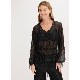 bonprix Pailletten-Bluse mit Fransen, schwarz, Gr.38, Pailletten-Bluse aus leicht elastischem Material mit Pailletten-Fransen und tiefem Ausschnitt vorne. Ungef&uuml;ttert.