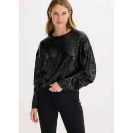 bonprix Pailletten-Langarmshirt, schwarz, Gr.40/42 (M), modisches Pailletten-Langarmshirt mit Knopf-Verschluss hinten am Ausschnitt
