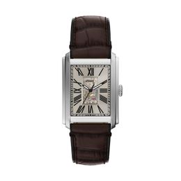 Fossil Damen Automatikuhr "CARRAWAY"braun, silberfarben, Armbanduhren, Armbanduhr, Herrenuhr, Mechanische Uhr, Lederarmband, analog