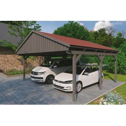 Skan Holz Doppelcarport SKANHOLZ, grau, Carports, "Fichtelberg", mit roten Schindeln