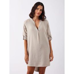 Zwillingsherz Damen Schlupfbluse ""Rom"", beige, unifarben, Web, Obermaterial: 100% Baumwolle, Blusen, verl&auml;ngerte R&uuml;ckenpartie, V-Neck, Turn-Up