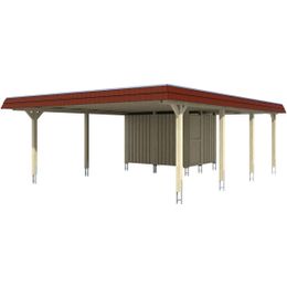Skan Holz Doppelcarport SKANHOLZ, braun, Carports, "Wendland", mit Abstellraum mit Aluminiumdach, rote Blende