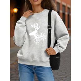 GORHEY Pullover 'Wo's Crew Neck Sweatshirt with Elk Print & Fleece Lining for Winter' Damen Gr&ouml;&szlig;e L grau