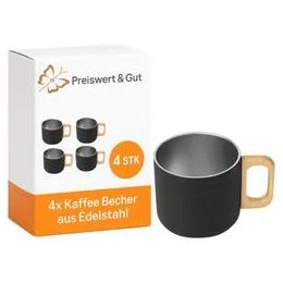 4x Kaffee Becher Edelstahl und Holzhenkel &ndash; kompakter Trinkbecher &Oslash;8,5x8cm in Schwarz pflegeleicht Tasse Edelstahl B&uuml;ro