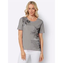 Kurzarmshirt Classic Basics "Shirt", Damen, Gr. 42, grau (steingrau, bedruckt), 100% Baumwolle, gebl&uuml;mt, gemustert, Rundhals, Shirts