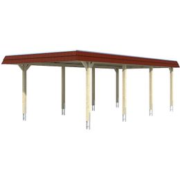 Skan Holz Einzelcarport &raquo;Wendland&laquo; Leimholz 341 cm Eiche hell mit Aluminiumdach, rote Blende braun