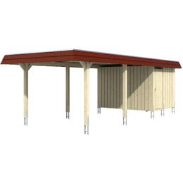 Skan Holz Einzelcarport &raquo;Wendland&laquo; Leimholz 291 cm Eiche hell mit Abstellraum mit EPDM-Dach, rote Blende braun