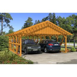 Skan Holz Doppelcarport &raquo;Schwarzwald&laquo; Massivholz 560 cm Eiche hell mit Dachlattung braun