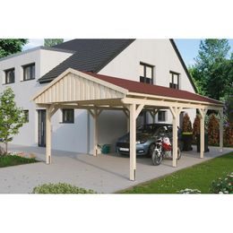 Skan Holz Einzelcarport &raquo;Fichtelberg&laquo; Leimholz natur mit roten Schindeln beige