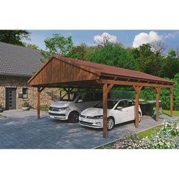 Skan Holz SKANHOLZ Doppelcarport &raquo;Fichtelberg&laquo; Leimholz braun mit roten Schindeln braun