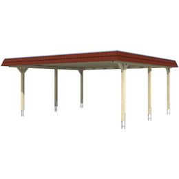 Skan Holz Doppelcarport &raquo;Wendland&laquo; Leimholz 550 cm Eiche hell mit Aluminiumdach, rote Blende braun