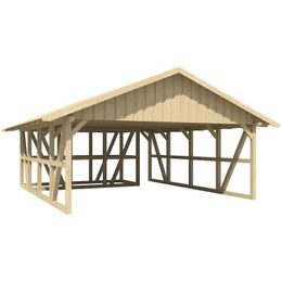 Skan Holz Doppelcarport &raquo;Schwarzwald&laquo; Massivholz 560 cm Nussbaum mit Abstellraum 2, mit Dachschalung braun