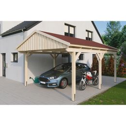 Skan Holz Einzelcarport &raquo;Fichtelberg&laquo; Leimholz natur mit roten Schindeln beige