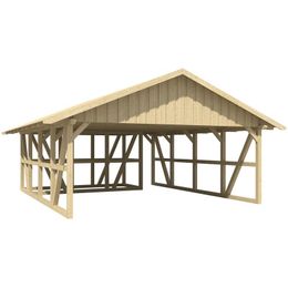 Skan Holz Doppelcarport &raquo;Schwarzwald&laquo; Massivholz 560 cm Eiche hell mit Abstellraum 2, mit Dachschalung braun