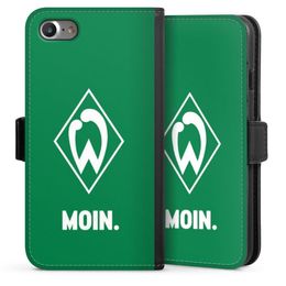 DeinDesign iPhone SE (2022) Handy Klapph&uuml;lle Handyh&uuml;lle aus Kunst Leder schwarz Flip Case Moin Official Licensed Product Sv Werder Bremen Sideflip mit Lasche