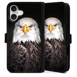 DeinDesign iPhone 16 Plus Handy Klapph&uuml;lle Handyh&uuml;lle aus Kunst Leder schwarz Flip Case Animals Eagle Bird Sideflip mit Lasche