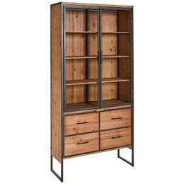 Livetastic Vitrine, Natur, Schwarz, Metall, Tanne,Tanne, massiv, 3 F&auml;cher, 4 Schublade(n) Schubladen, 100x210x41.5 cm, Fsc, Wohnzimmer, Wohnw&auml;nde, Vitrinenschr&auml;nke