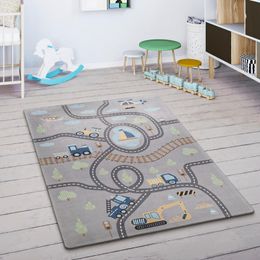 Kinderteppich Paco Home, B:155cm H:4mm L:230cm, grau, Polyester, Teppiche, "Chicos 562", Flachgewebe, Straßen-Spiel-Teppich, Kinderzimmer