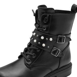 Marco Tozzi Damen Schn&uuml;rstiefelette, Gr. 37schwarz, Lederimitat, Schuhe, Blockabsatz, Schn&uuml;rboots mit Zierschnallen und Zierperlen