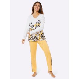 Damen Schlafanzug, Gr. 44ecru, gelb, bedruckt, 100% Baumwolle, Homewear-Sets