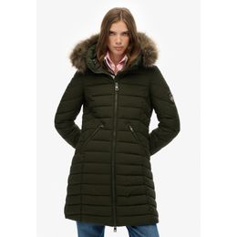 Superdry Damen Steppjacke "FUJI FAUX FUR HOOD MID LENGTH"surplus goods olive gr&uuml;n, Gr. XXL, unifarben, Web, Obermaterial: 100% Polyester, Jacken