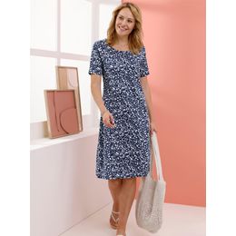 Jerseykleid Classic Basics "Jersey-Kleid", Damen, Gr. 38, Normalgr&ouml;&szlig;en, blau (marine, wei&szlig;, bedruckt), Jersey, 100% Baumwolle, gebl&uuml;mt, gemustert, mehrfarbig, knielang, Rundhals, Kleider Jerseykleid