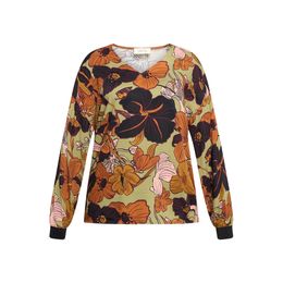 Schlupfbluse Cartoon "Damen mit Rippb&uuml;ndchen", Damen, Gr. 34, braun, gr&uuml;n, Obermaterial: 100% Viskose, oversize normal, V-Ausschnitt, Blusen Schlupfbluse