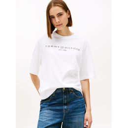 Tommy Hilfiger Damen Langarmshirt "CORP LOGO TRAPEZE C-NK TEE"th optic wei&szlig;, Gr. XS, bedruckt, Single Jersey, Obermaterial: 100% Baumwolle, Shirts