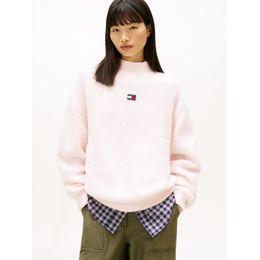 Strickpullover Tommy Jeans "TJW MOCKNECK BADGE SWEATER EXT", Damen, Gr. 4XL (48), light pink, Strick, Obermaterial: 53% Polyester, 38% Nylon, 9% Wolle, unifarben, regular fit, Rundhals, Rippbündchen, Pullover Strickpullover