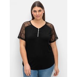 sheego Gro&szlig;e Gr&ouml;&szlig;en Spitzenshirt mit transparenten &Auml;rmeln, schwarz, Gr&ouml;&szlig;e 52 - Damen